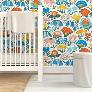 Spoonflower Mid Century Modern Vintage Retro Floral Flowers Custom Pre-pasted Wallpaper - Blue