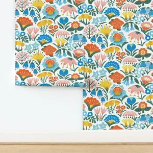 Spoonflower Mid Century Modern Vintage Retro Floral Flowers Custom Pre-pasted Wallpaper - Blue