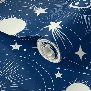 Spoonflower Solar System Blue Stars Space Moon Vintage Custom Pre-pasted Wallpaper - Blue,white