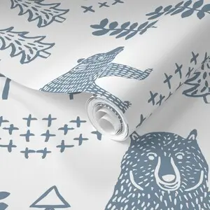 Spoonflower Blue Woodland Animals Custom Pre-pasted Wallpaper - White,blue,gray
