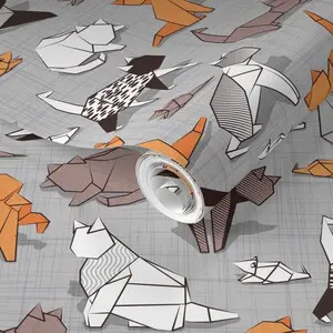 Spoonflower Origami Kitten Gray Cats Kitty Kitties Geometric Custom Pre-pasted Wallpaper - Gray,orange,brown