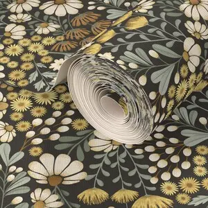 Spoonflower Floral Wilderness Garden Flower Yellow Leaves 100% Natural Sisal Grasscloth Wallcovering Yellow,green
