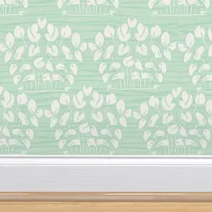 Spoonflower Flowers 1 100% Natural Sisal Grasscloth Wallcovering - White