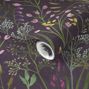 Spoonflower Wildgrass Custom Pre-pasted Wallpaper - Purple,green,gray