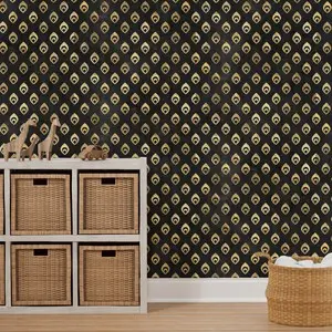 Spoonflower Black Modern Gold Peacock Polka Traditional Wallpaper - Brown,green