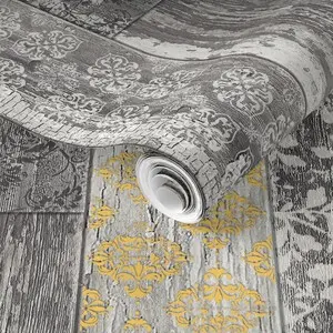 Spoonflower Vintage Wood Tiles Herringbone Warm Yellow And Custom Pre-pasted Wallpaper - Gray,green
