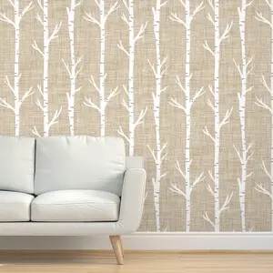 Spoonflower Trees Birch Tan Custom Pre-pasted Wallpaper