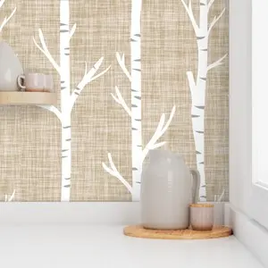 Spoonflower Trees Birch Tan Custom Pre-pasted Wallpaper
