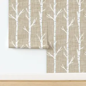 Spoonflower Trees Birch Tan Custom Pre-pasted Wallpaper
