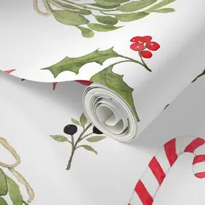 Spoonflower Christmas Watercolor Holiday Holly Candy Canes Custom Pre-pasted Wallpaper Red,green,gray