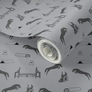 Spoonflower Animals Horses Equestrian Eventing Jumping Horse Custom Pre-pasted Wallpaper - Gray