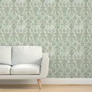 Spoonflower Grunge Damask Duck Egg Blue Sage Custom Pre-pasted Wallpaper - Green