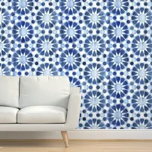 Spoonflower Geometric Moroccan Tile Fashion Nursery And Custom Pre-pasted Wallpaper - Blue