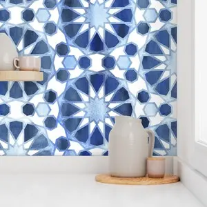 Spoonflower Geometric Moroccan Tile Fashion Nursery And Custom Pre-pasted Wallpaper - Blue