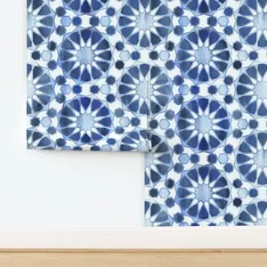 Spoonflower Geometric Moroccan Tile Fashion Nursery And Custom Pre-pasted Wallpaper - Blue