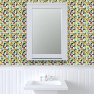 Spoonflower Veggies Fruit Produce Greens Turquoise Retro Dots Custom Pre-pasted Wallpaper