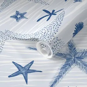 Spoonflower Starfish And Stripes Blue Custom Pre-pasted Wallpaper - White,blue