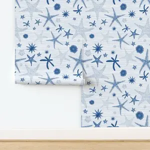 Spoonflower Starfish And Stripes Blue Custom Pre-pasted Wallpaper