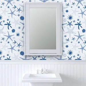 Spoonflower Starfish And Stripes Blue Custom Pre-pasted Wallpaper