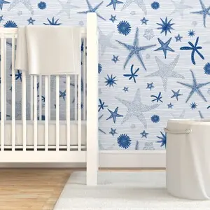 Spoonflower Starfish And Stripes Blue Custom Pre-pasted Wallpaper
