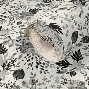 Spoonflower Wild Grasses Flowers Fragile Blades Of Grass On A 100% Natural Sisal Grasscloth Wallcovering - Black,white,gray