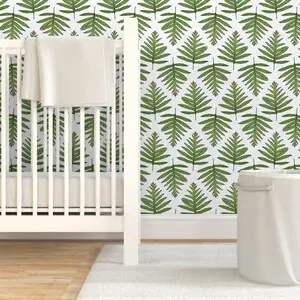 Spoonflower Hawaiian Ferns Tropical Garden White Lauae Traditional Wallpaper - Green