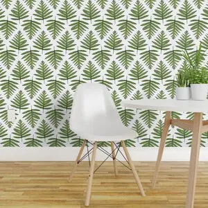 Spoonflower Hawaiian Ferns Tropical Garden White Lauae Traditional Wallpaper - Green
