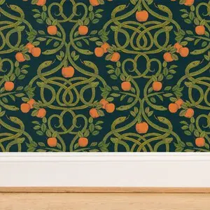 Spoonflower Apples Wallpaper Damask Reptile Snakes Serpentine Custom Pre-pasted Wallpaper