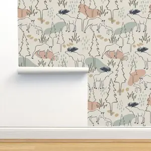 Spoonflower Wilderness Moose Pink Medium 100% Natural Sisal Grasscloth Wallcovering