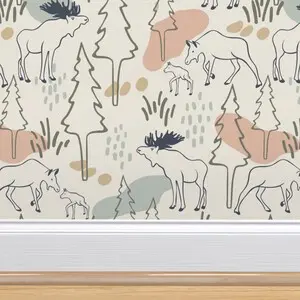 Spoonflower Wilderness Moose Pink Medium 100% Natural Sisal Grasscloth Wallcovering