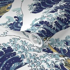 Spoonflower Waves Wave Japanese Water Ocean Print Japan Custom Pre-pasted Wallpaper - Blue