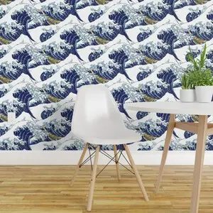 Spoonflower Waves Wave Japanese Water Ocean Print Japan Traditional Wallpaper - Blue