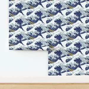 Spoonflower Waves Wave Japanese Water Ocean Print Japan Traditional Wallpaper - Blue
