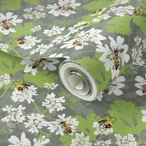 Spoonflower Honeybee Bee Herbs Bold Floral Green And White Traditional Wallpaper - Yellow,green,gray