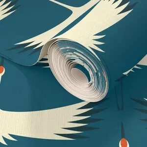 Spoonflower Whooping Crane Migration Night 100% Natural Sisal Grasscloth Wallcovering - Blue