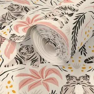 Spoonflower White Tigers Family 100% Natural Sisal Grasscloth Wallcovering - Pink,white