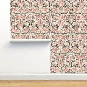 Spoonflower White Tigers Family 100% Natural Sisal Grasscloth Wallcovering - Pink,white