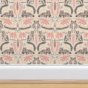 Spoonflower White Tigers Family 100% Natural Sisal Grasscloth Wallcovering - Pink,white