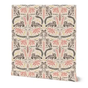 Spoonflower White Tigers Family 100% Natural Sisal Grasscloth Wallcovering - Pink,white
