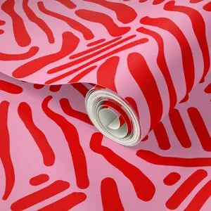Spoonflower Abstract Shapes Lines Decor Red Blobs Custom Pre-pasted Wallpaper - Pink,red
