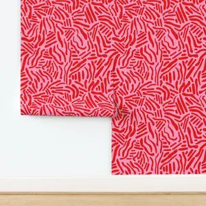 Spoonflower Abstract Shapes Lines Decor Red Blobs Custom Pre-pasted Wallpaper - Pink,red