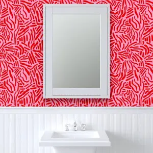 Spoonflower Abstract Shapes Lines Decor Red Blobs Custom Pre-pasted Wallpaper - Pink,red