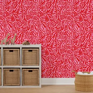 Spoonflower Abstract Shapes Lines Decor Red Blobs Custom Pre-pasted Wallpaper - Pink,red