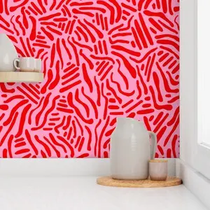 Spoonflower Abstract Shapes Lines Decor Red Blobs Custom Pre-pasted Wallpaper - Pink,red