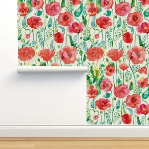 Spoonflower Wild Poppies 100% Natural Sisal Grasscloth Wallcovering
