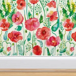 Spoonflower Wild Poppies 100% Natural Sisal Grasscloth Wallcovering