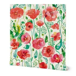 Spoonflower Wild Poppies 100% Natural Sisal Grasscloth Wallcovering