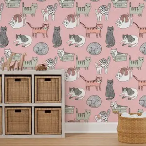 Spoonflower Cat Kitten Kitty Pets Cats Pet Custom Pre-pasted Wallpaper