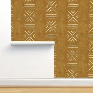 Spoonflower Mud Cloth Tile Stack Mustard Mudcloth Tribal Lad19 100% Natural Sisal Grasscloth Wallcovering - Yellow
