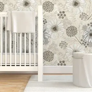 Spoonflower Handdrawn Flowers Earth Tones Floral Grey Ink Custom Pre-pasted Wallpaper - Beige,black,gray